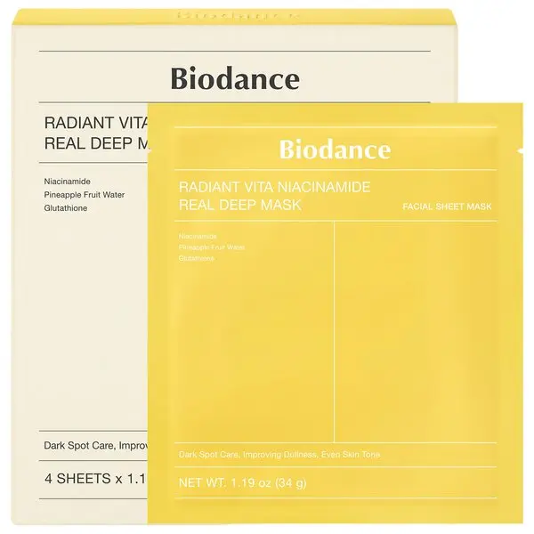 Biodance Radiant Vita Niacinamide Real Deep Mask 4 Pack For Brightening Dull Skin & Dark Spot Care