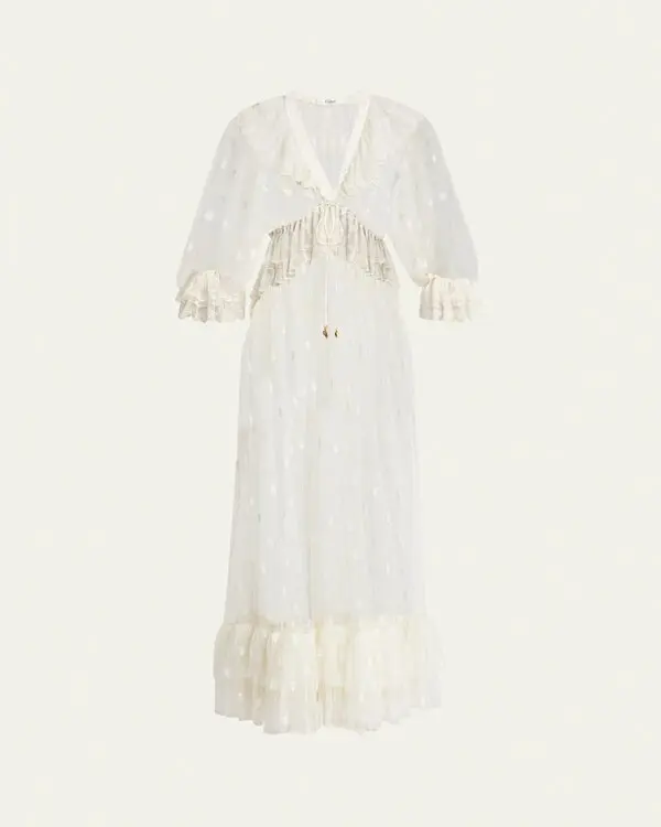 Chloé Long Lace Ruffled Drawstring Dress
