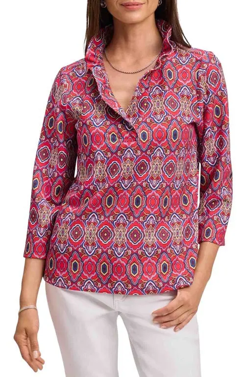Foxcroft Tammy Tile Print Jersey Top - Red/ Multi