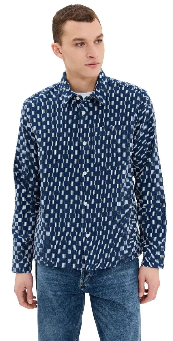 WAX LONDON Grid Stitch Breton Overshirt - Indigo/ecru