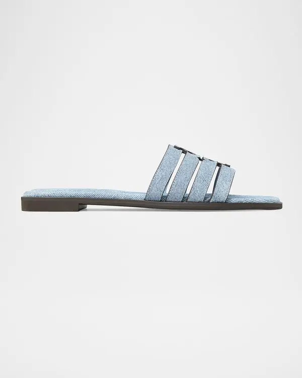 Tory Burch Ines Caged Denim Flat Slides - Blue Cloud  Blue Cloud