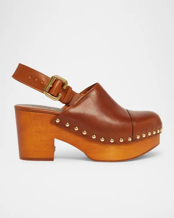 Chloé Jeannette Leather Slingback Platform Clogs - Ginger Brown