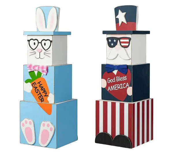 GLITZHOME 24'h Two Sided Easter And July 4th Po Rch Sign Blocks