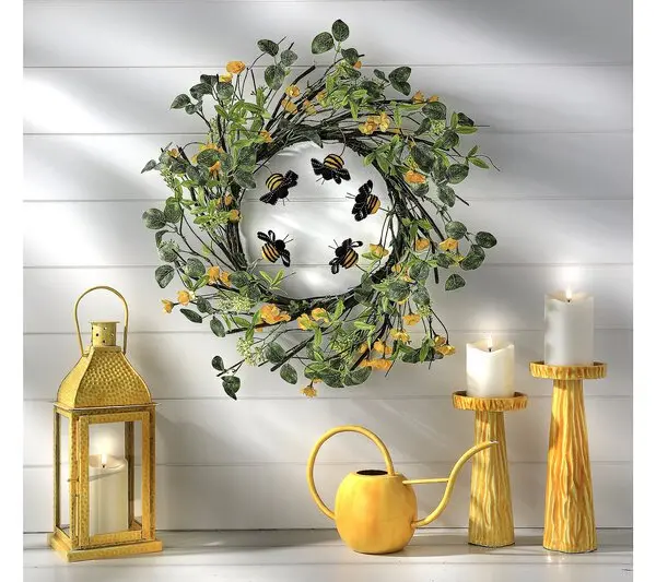 VALERIE PARR HILL 24 Spring Wildflower With Ribbon Bee Wreath Valerie