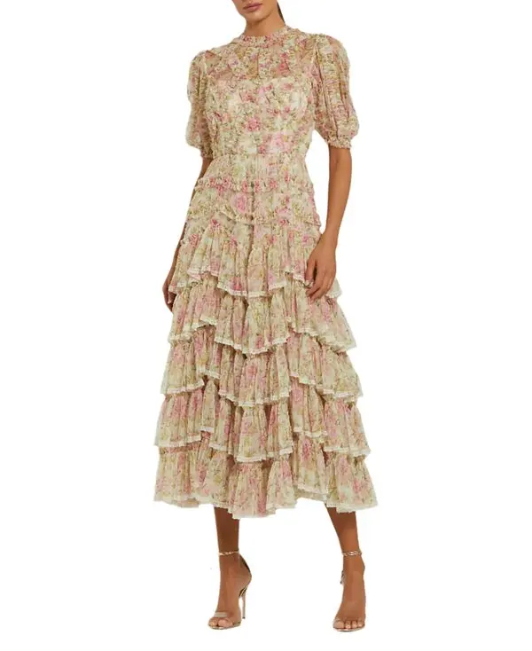 Mac Duggal Lace Trim Printed Mesh Midi Dress