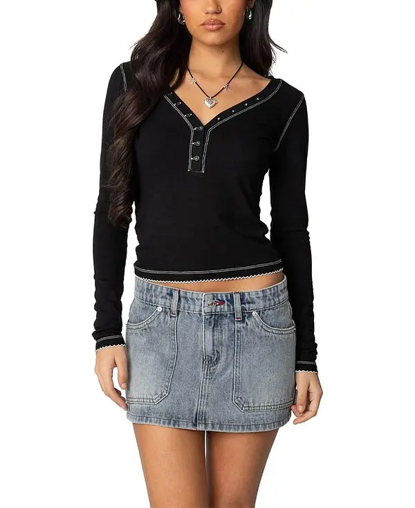 EDIKTED Yael Contrast Stitch Henley Top - Black
