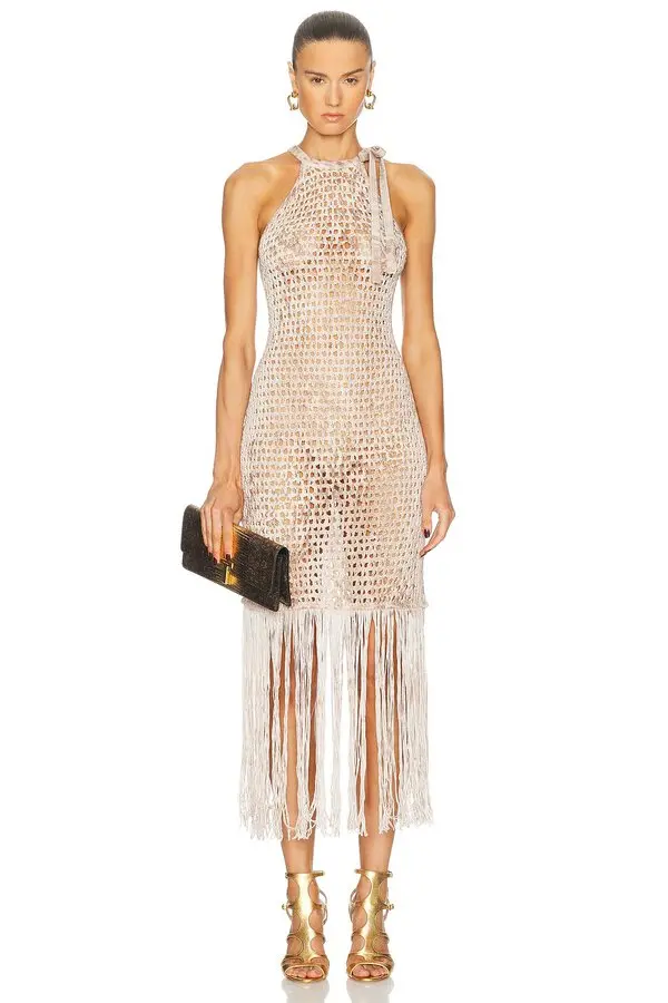 Blumarine Long Fringe Dress In Taupe