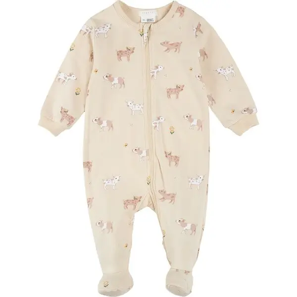PETIT LEM Piglet Print Footed One-piece Pajamas - Beige