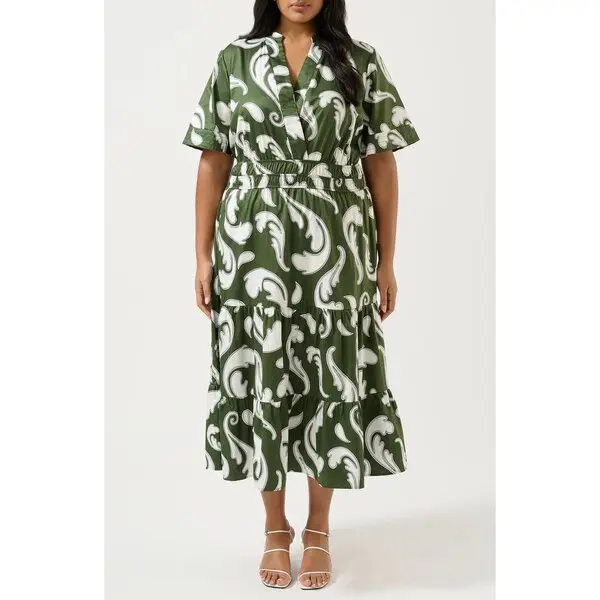 ESTELLE Sandswept Faux Wrap Midi Dress - Green Print