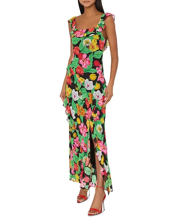 MILLY Tulip Rosette Ruffled Maxi Dress - Black Multi
