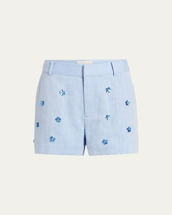 Cinq À Sept Tora Embellished Linen Shorts - Blue Hydrangea