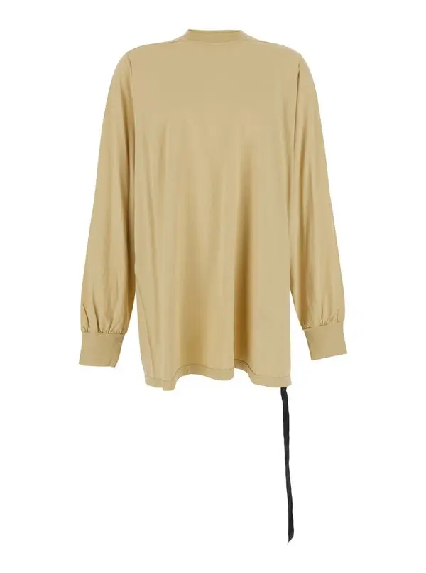 Rick Owens Jumbo' Crewneck T-shirt With Tonal Logo Patch On The Front And Drawstring Detail On The Waist In Cotton - Beige