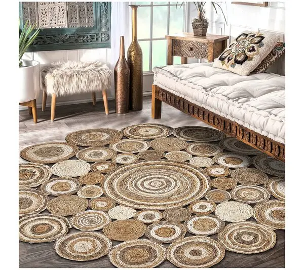 OX BAY TRADING CO. Ox Bay Dots Bohemian Hand-braided Jute Indoor R Ug, 6' Round