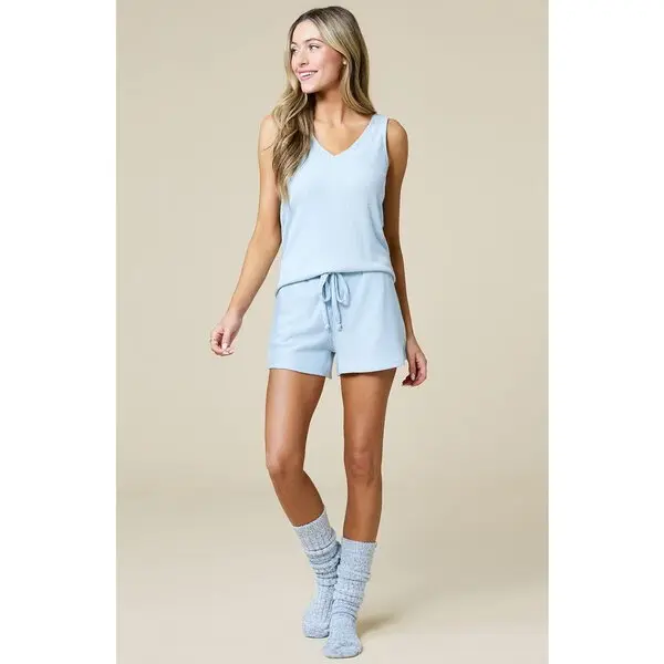 SOFTIES Rib Dream Double V-neck Short Set - Surf