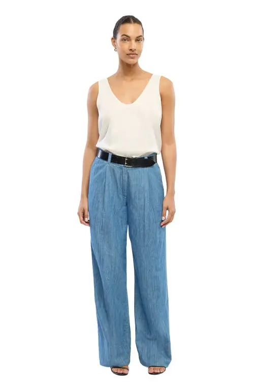 Another Tomorrow Chambray Wide Leg Pants - Medium Blue