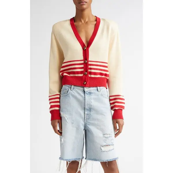 Golden Goose Nico Stripe Cropped Cardigan - Shortbread/ Haute Red
