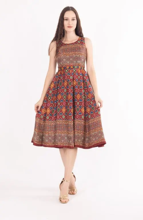 RAAS Russet Ajrakh Print Midi Dress With Embroidered Belt