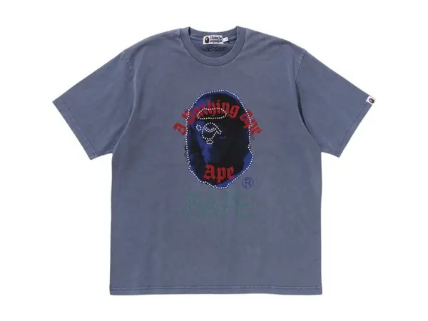 BAPE Garment Dye Rhinestone Ape Head Relaxed Fit Tee Shirt - Charcoal