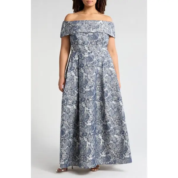 Alex Evenings Metallic Floral Brocade Off The Shoulder Gown