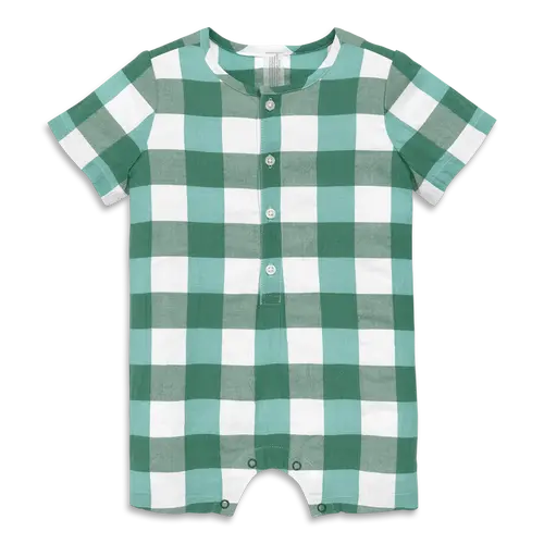 PRIMARY Baby Henley Gingham Seersucker Shortie - Chive Sunwashed Teal Gingham