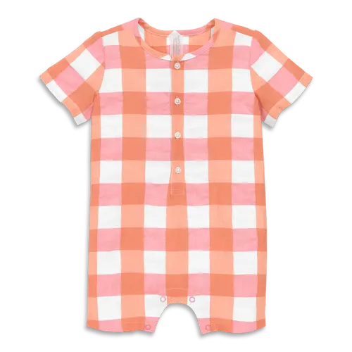 PRIMARY Baby Henley Gingham Seersucker Shortie - Guava Goldfish Gingham
