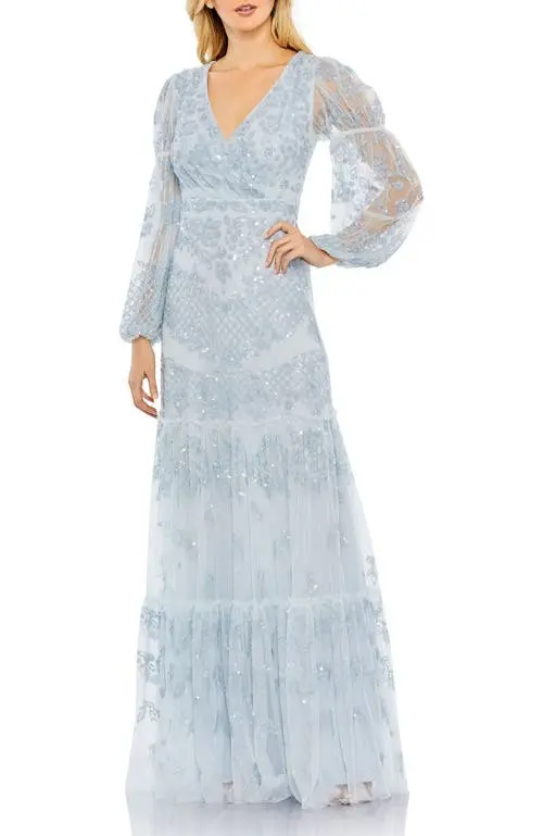 Mac Duggal Sequined Tiered Wrap Gown With Puff Sleeves - Sky Blue