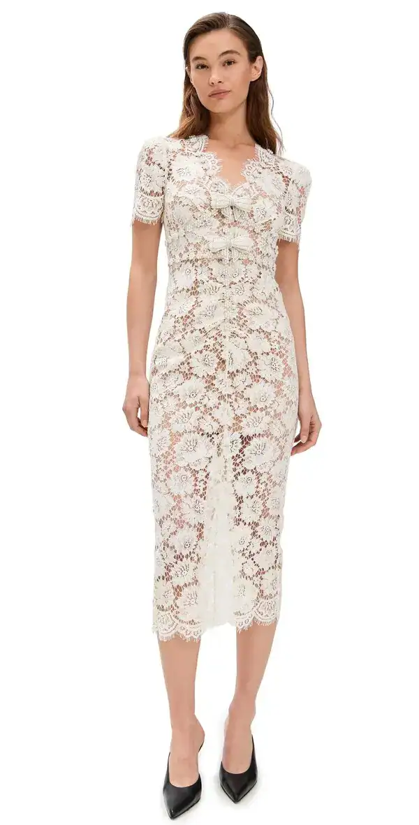 Self-Portrait Fine Lace Pearl Midi Dress In Beige - 50% Off | Editorialist