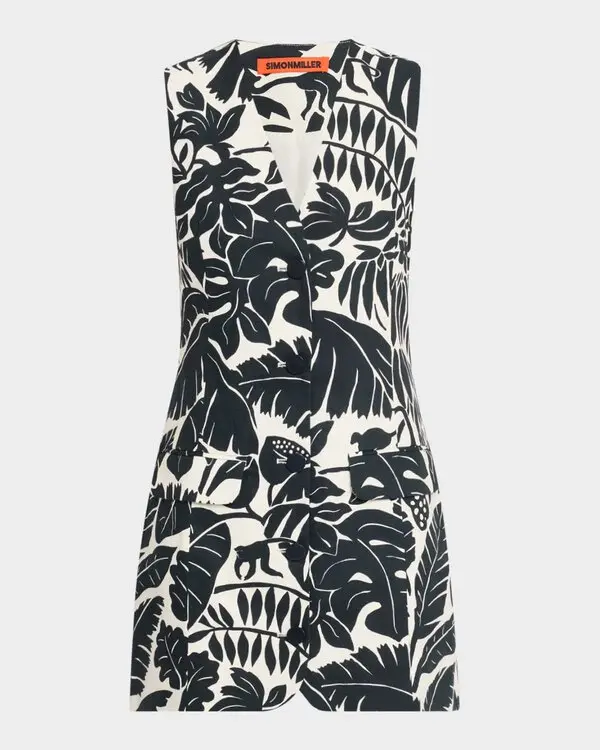 SIMONMILLER Carob Striped Linen Cotton Mini Dress - Black Macadamia Acapulco Print
