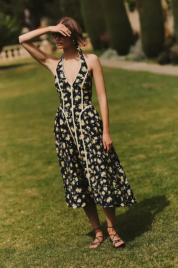 Anthropologie Halter Fit & Flare Midi Dress - Yellow Floral | Editorialist