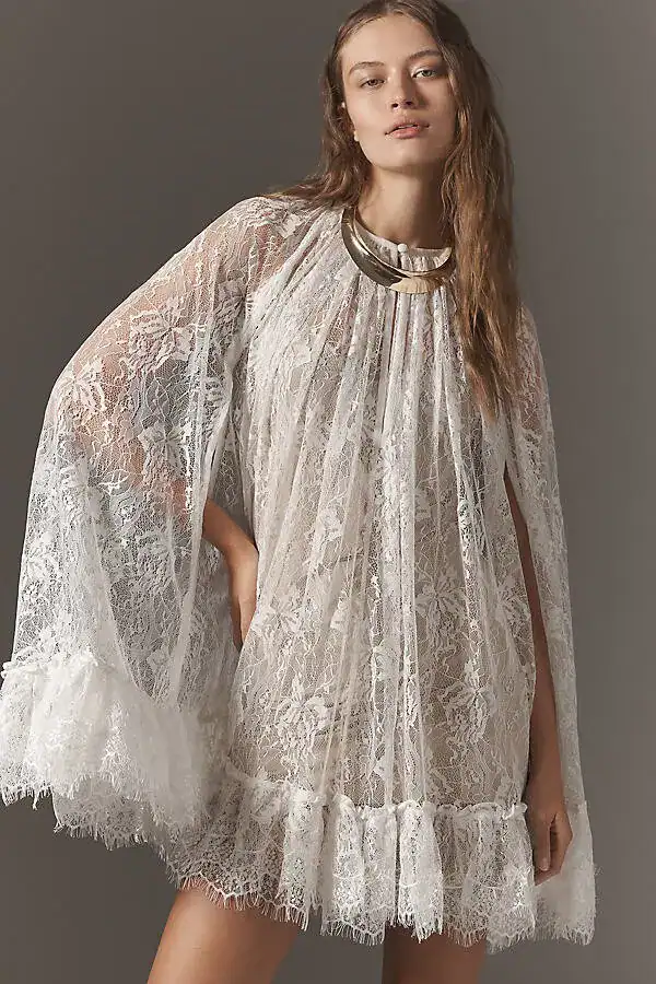 lace mini white dress White Lace Puff Sleeve Ruffle Mini Dress by Olivaceous LA main image 1