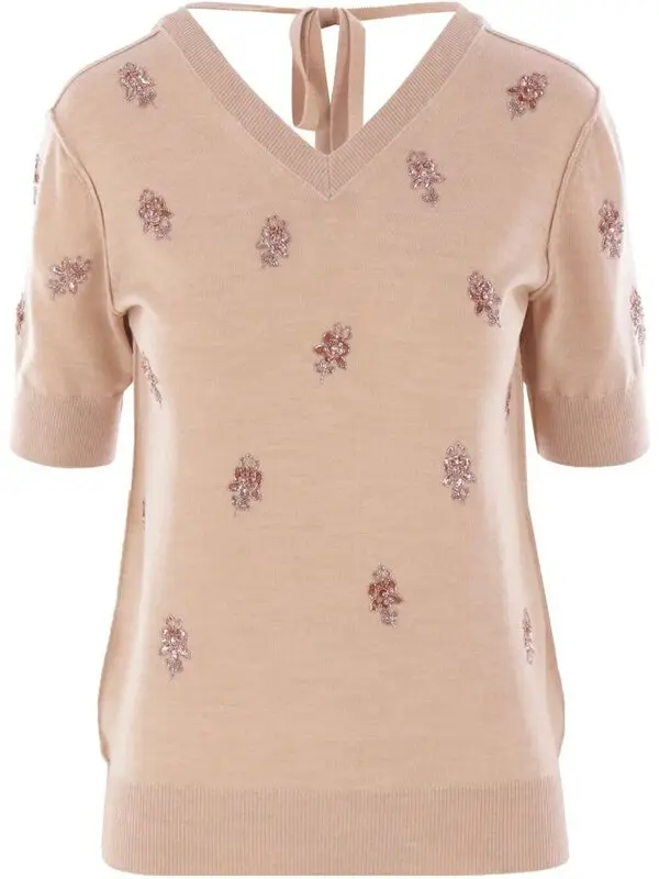 Fendi Floral Motif Embroidered Wool Cropped Jumper - Beige