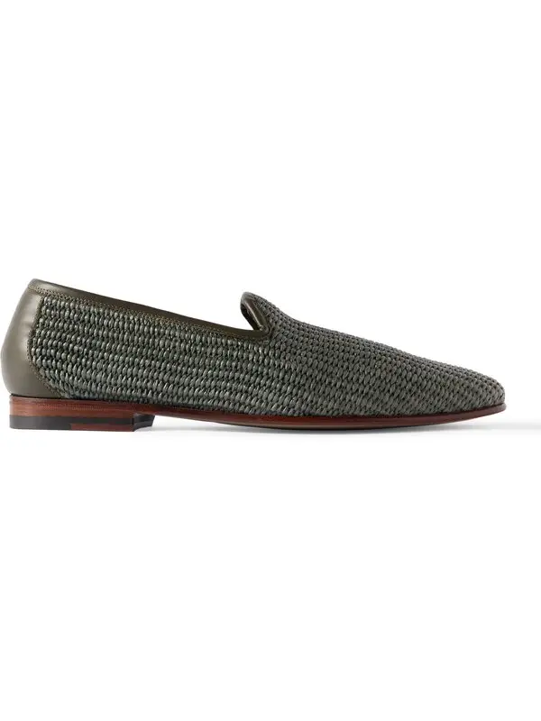 Manolo Blahnik Mario Leather-trimmed Raffia Loafers - Green
