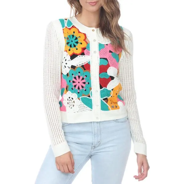 RAIN AND ROSE Floral Crochet Knit Cardigan