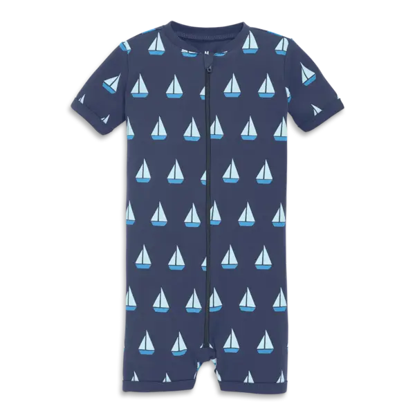 PRIMARY Baby Organic Zip Shortie In Set Sail - Sunwashed Navy Sailboats
