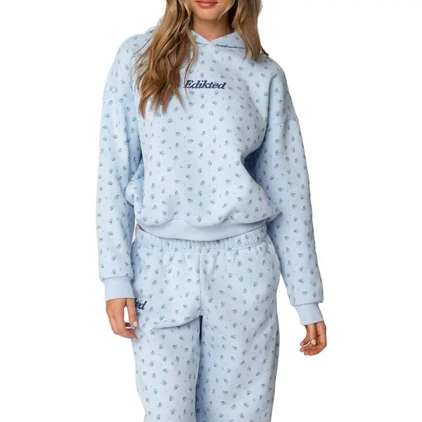 EDIKTED Floral Hoodie - Light-blue