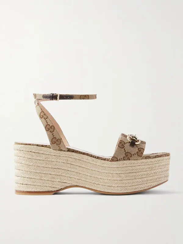 Gucci Lady Horsebit Logo-jacquard Canvas Wedge Sandals - Neutrals