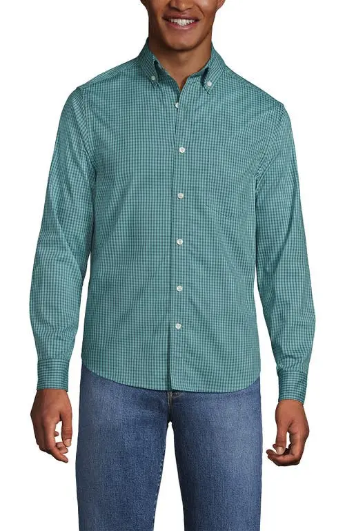 LANDS' END Traditional Fit Long Sleeve Travel Kit Shirt - Tourmaline Gingham