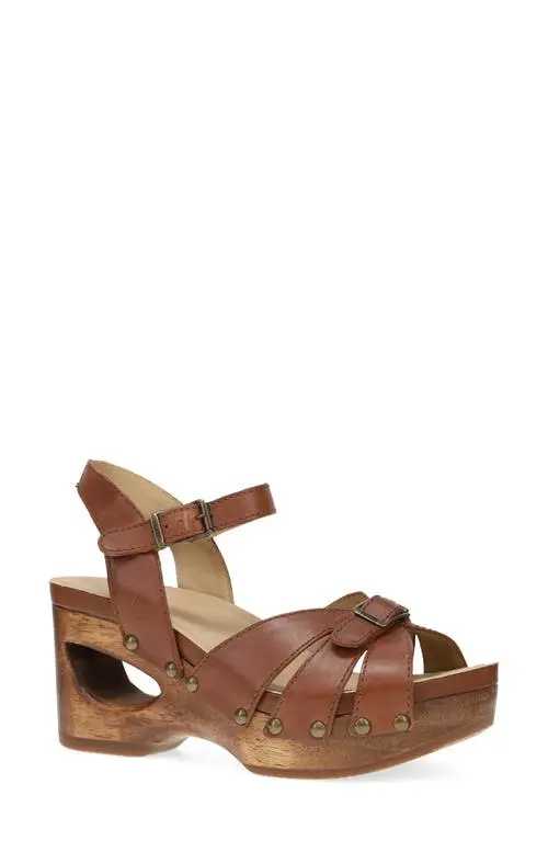 Dansko Alanna Ankle Strap Wedge Sandals - Tan Calf