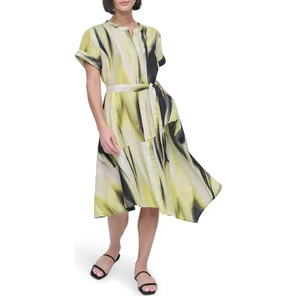 Dkny Print Tie Waist Linen Midi Dress - Linen Mult