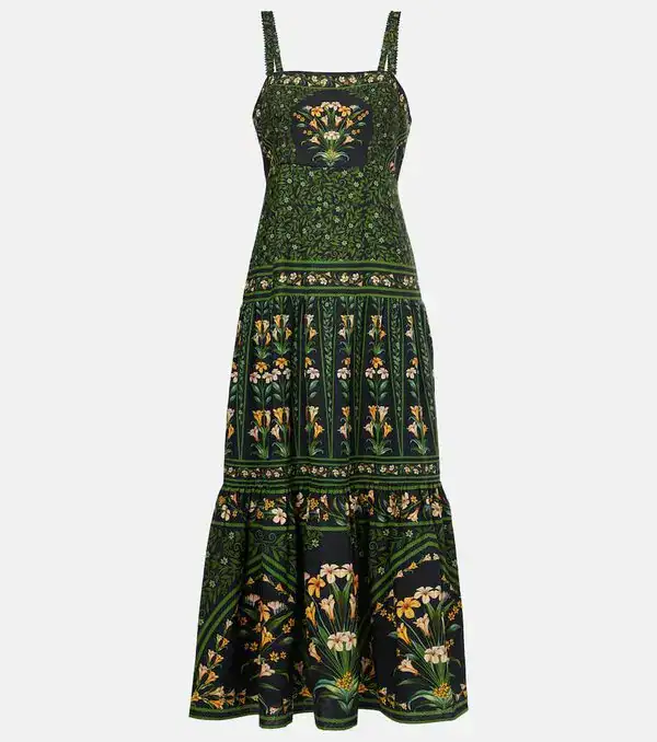 Farm Rio Flowers Arch Linen-Blend Midi Dress - Green | Editorialist