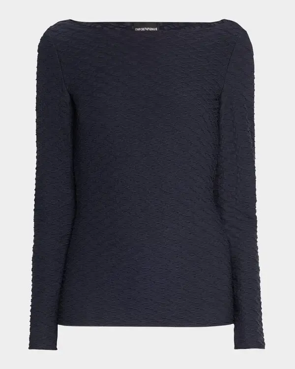 Emporio Armani Bateau-neck Textured Jersey Blouse - Navy Blue