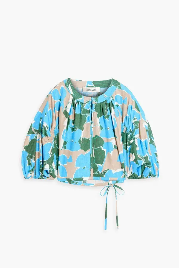 Diane Von Furstenberg Dario Cropped Floral Blouse - Light Blue
