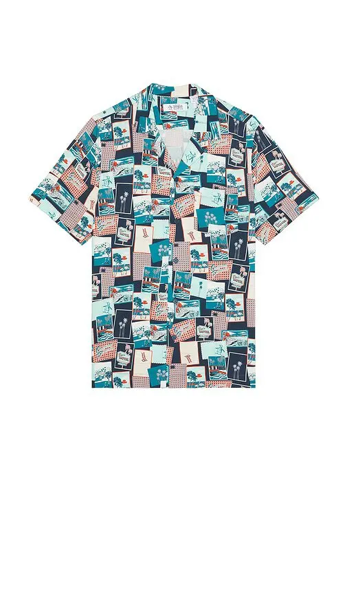 ORIGINAL PENGUIN All Over Print Postcard Camp Shirt In Teal