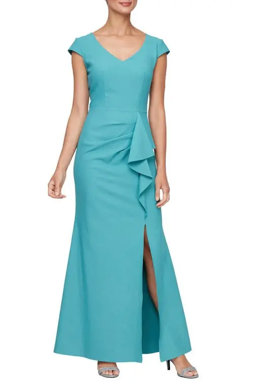 Alex Evenings Side Ruffle V-neck Gown