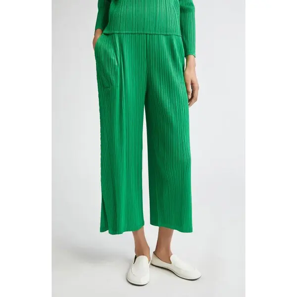 Issey Miyake Pleated Crop Wide Leg Trousers - Green