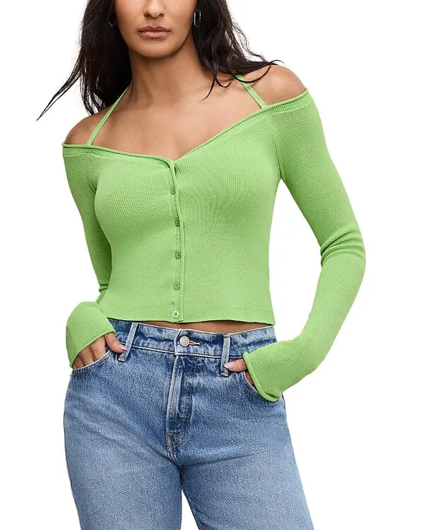 Good American Stretch Rib Knit Off Shoulder Top - Lime