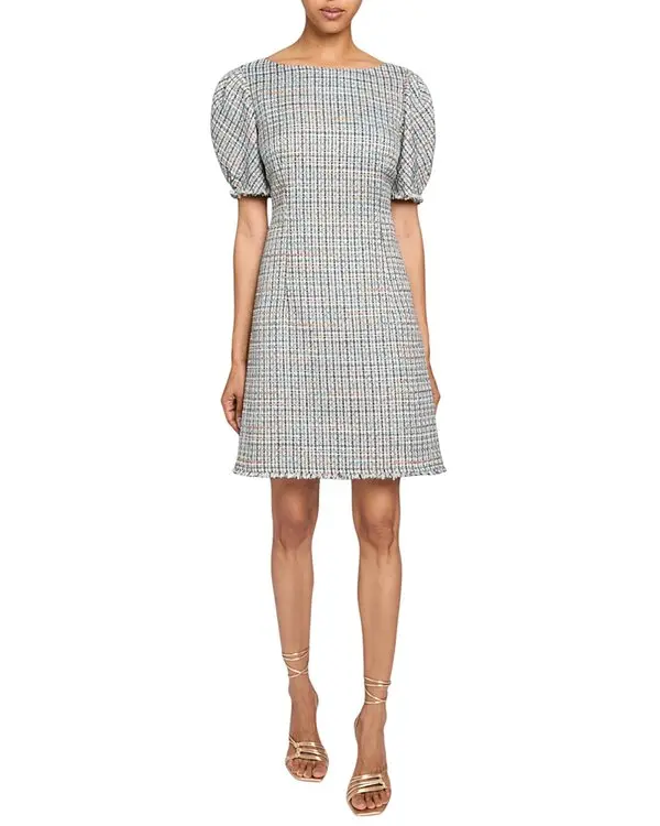 Santorelli A-line Tweed Mini Dress With Puff Sleeves