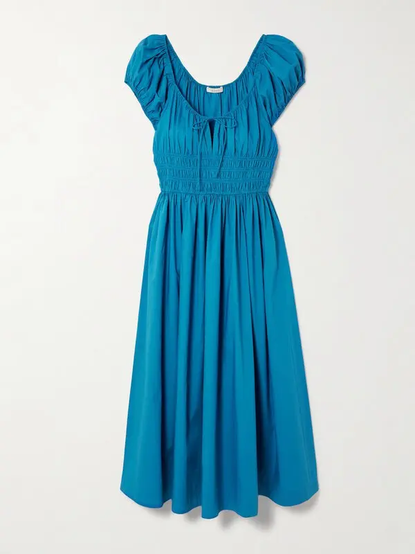 DÔEN Quinn Tie-detailed Shirred Cotton-poplin Midi Dress - Blue
