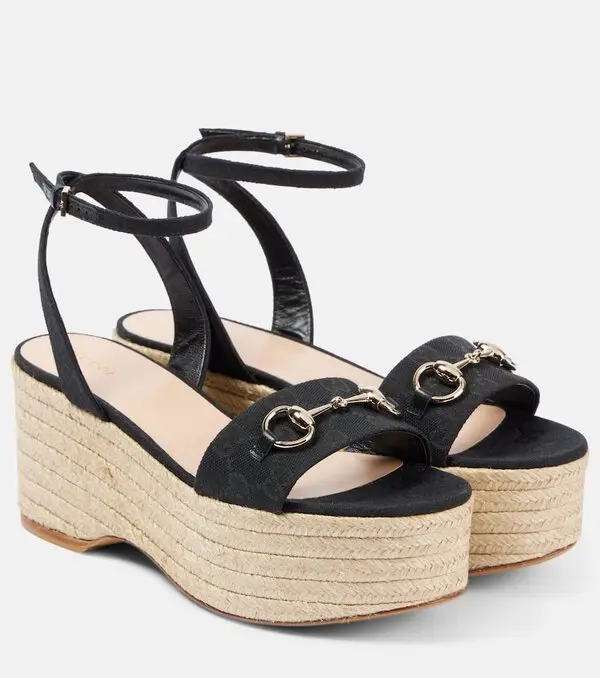 Gucci Lady Horsebit Suede Espadrille Wedges - Black