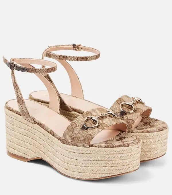 Gucci Lady Horsebit Gg Canvas Espadrille Wedges - Beige